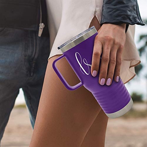 Personalized Travel Mug with Handle and Name Purple Matte Finish Custom Laser Engraved 20 oz Stainless Steel Vacuum Insulated Coffee Cup with Lid