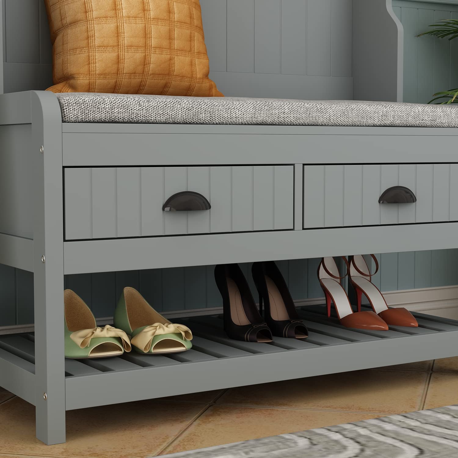 Homsee Modern Hall Tree with Storage Bench, 4-in-1 Entryway Bench with Coat Rack, Tall Hall Tree with 4 Metal Double Hooks, Shelves & 2 Drawers for Hallway, Living Room, Grey