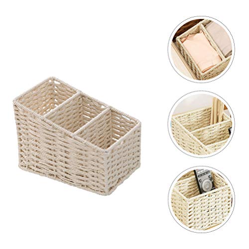 DOITOOL Wicker Storage Basket with 3- Compartment Magazine Hyacinth Basket Weave Organizer Baskets Desktop Storage Box Sundries Container Desk Basket Bins for Bathroom Office