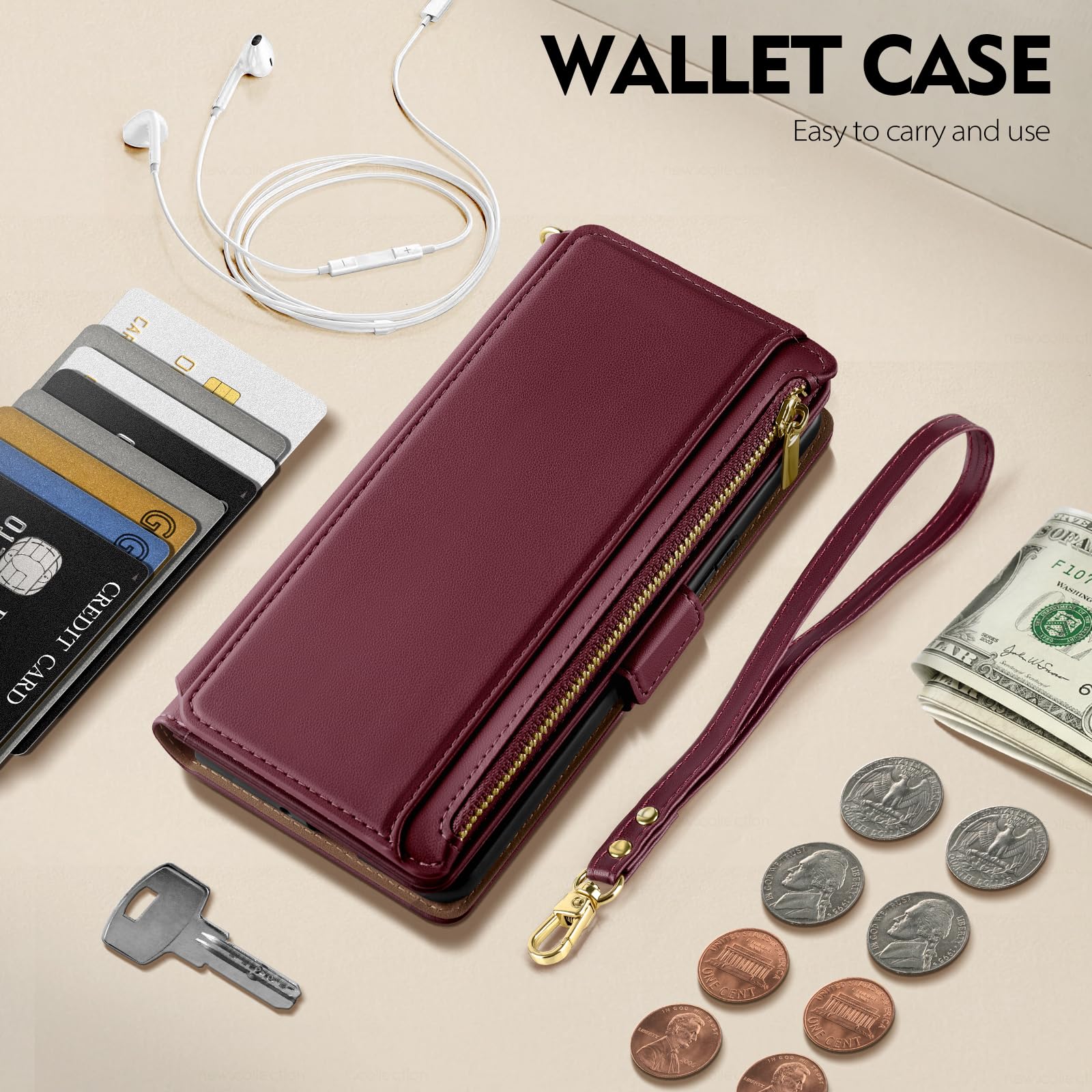 Antsturdy Compatible with Samsung Galaxy Note 10+ Plus case Wallet with Card Holder for Women Men Phone case RFID Blocking PU Leather Flip Cover with Strap Zipper Credit Card Slots,Wine Red