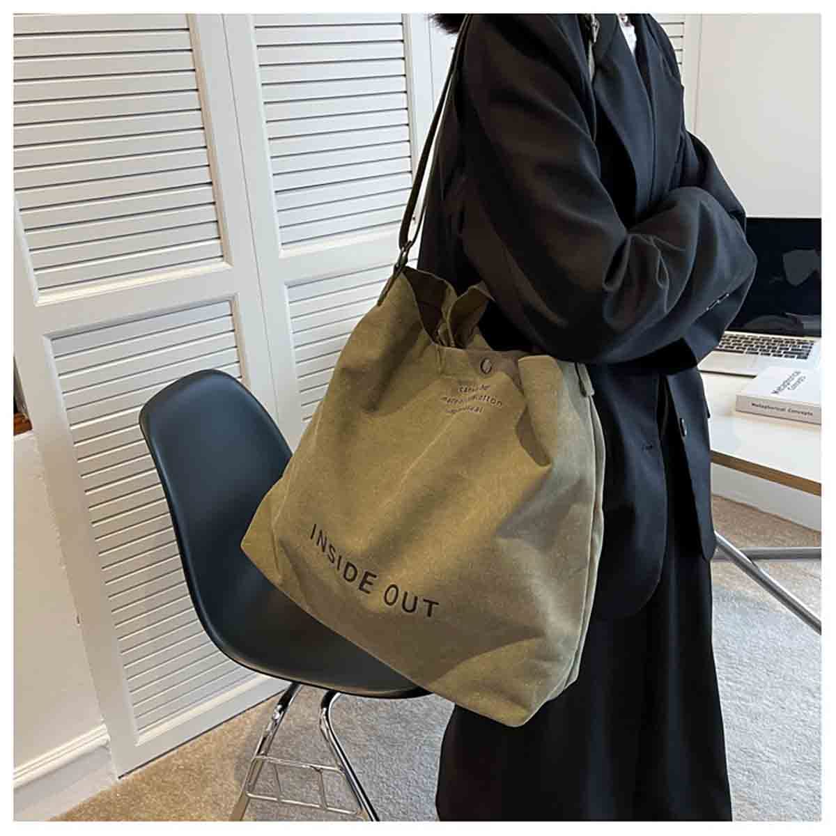 Women's Tote handbag Canvas shoulder bag Large canvas handbag Fashion retro letter handbag (green)