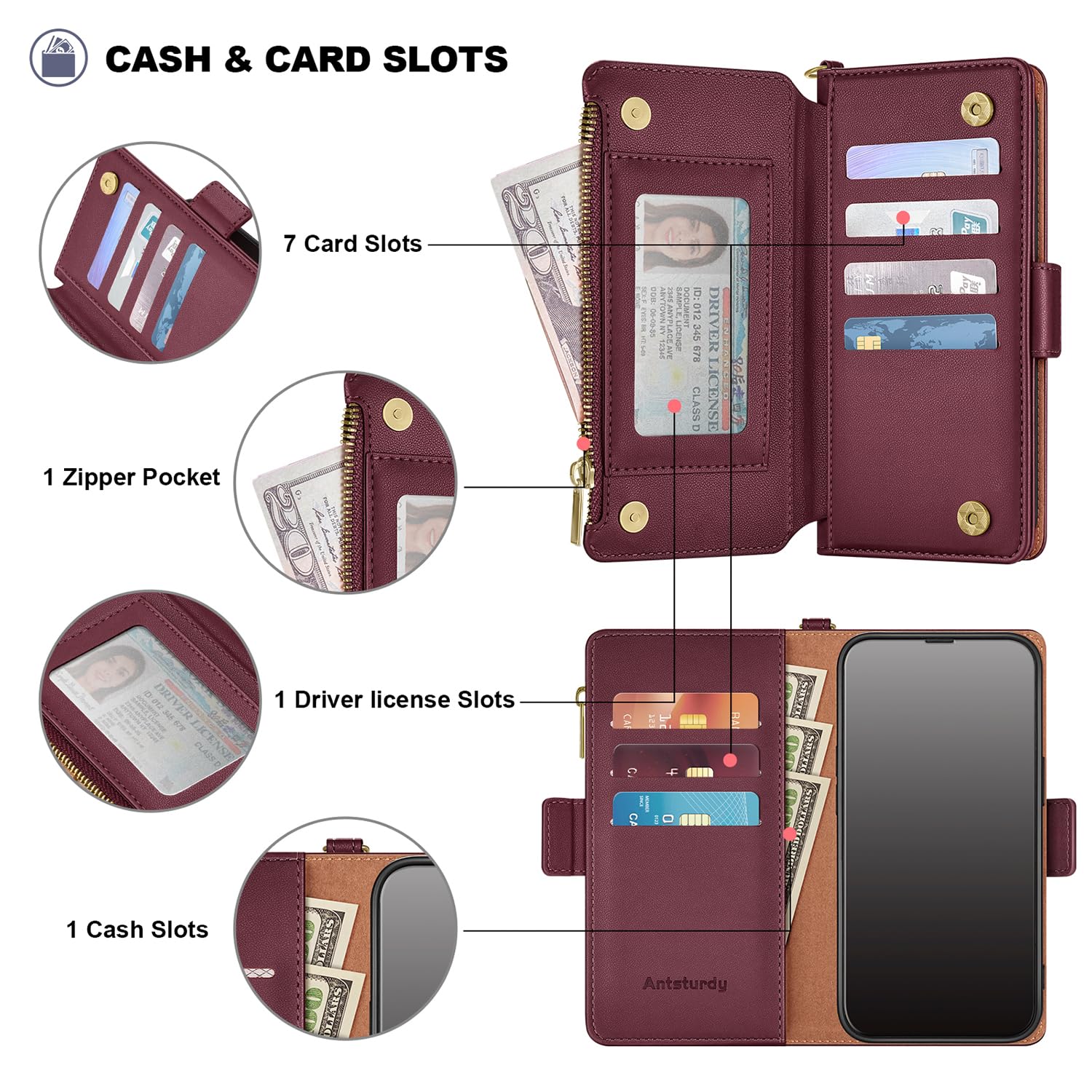 Antsturdy Compatible with Samsung Galaxy Note 10+ Plus case Wallet with Card Holder for Women Men Phone case RFID Blocking PU Leather Flip Cover with Strap Zipper Credit Card Slots,Wine Red