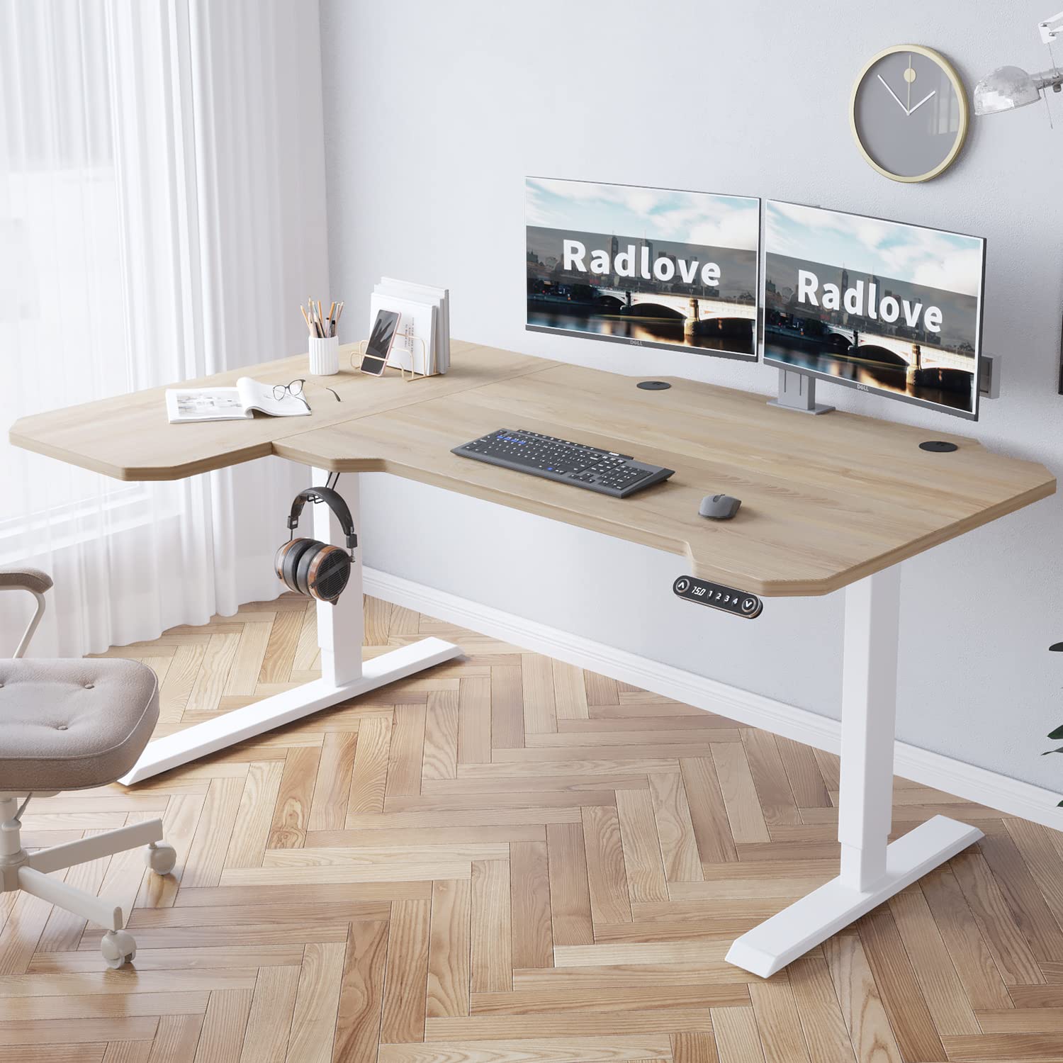 Radlove 59-Inch Large Electric Height Adjustable Computer L-Shaped Desk with Memory Controller Corner Standing Desk Modern Workstation with Splice Board Ergonomic Desk (White Frame + Oak Top)