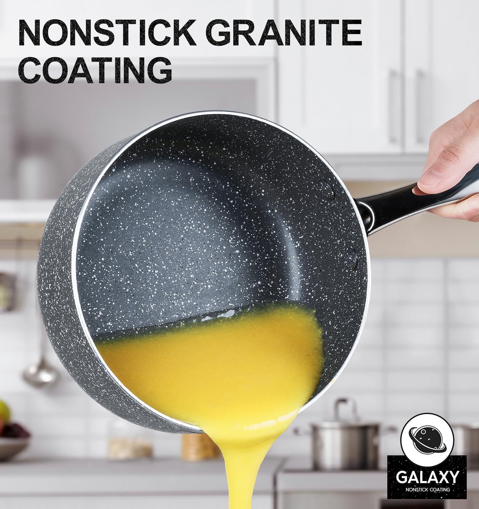 MICHELANGELO Sauce Pan with Lid, 1 Quart Saucepan with Lid Granite, Non Stick Sauce Pan with Stainless Steel Handle, 1 Qt Saucepan with Nonstick Coating, Grey