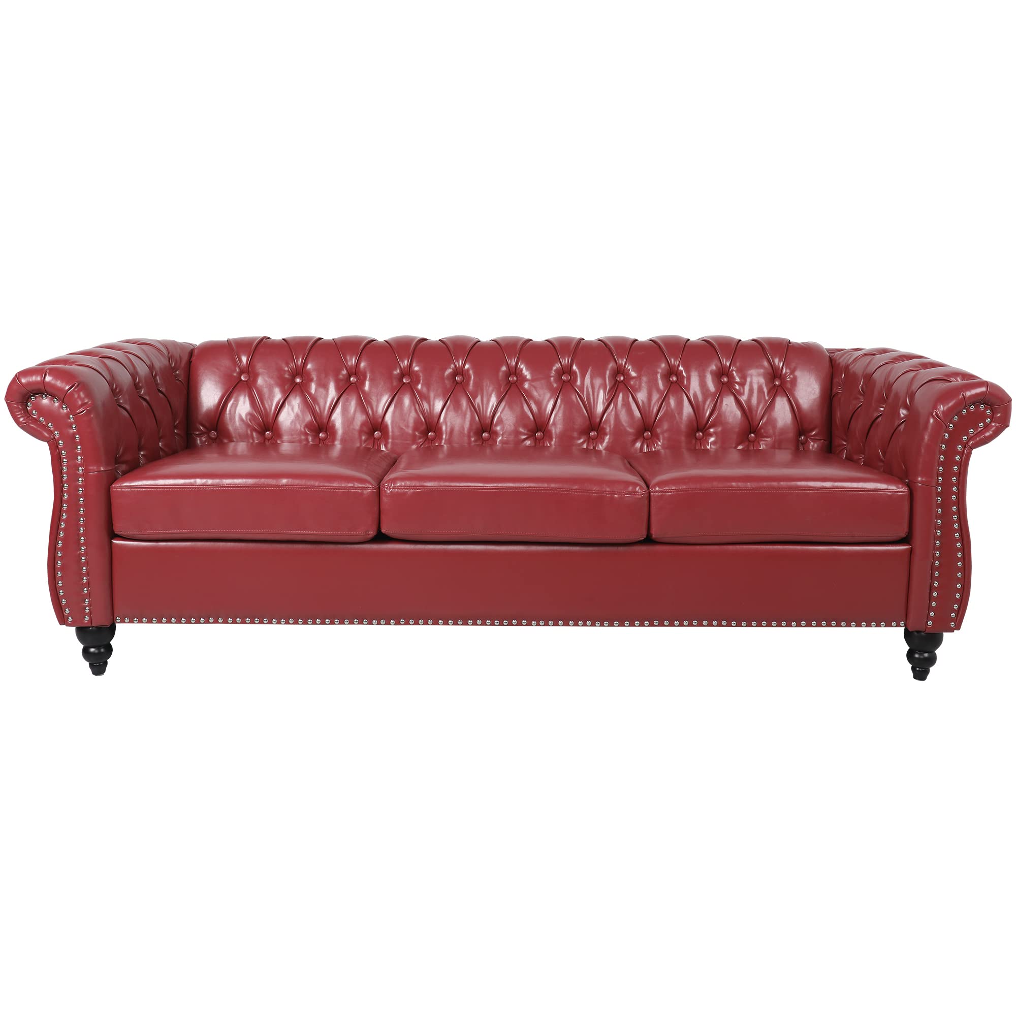 LEVNARY Chesterfield Sofa, Classic Tufted Upholstered Leather Couch, Modern 3 Seater Couch Furniture with Tufted Back for Living Room Office (Wine Red)