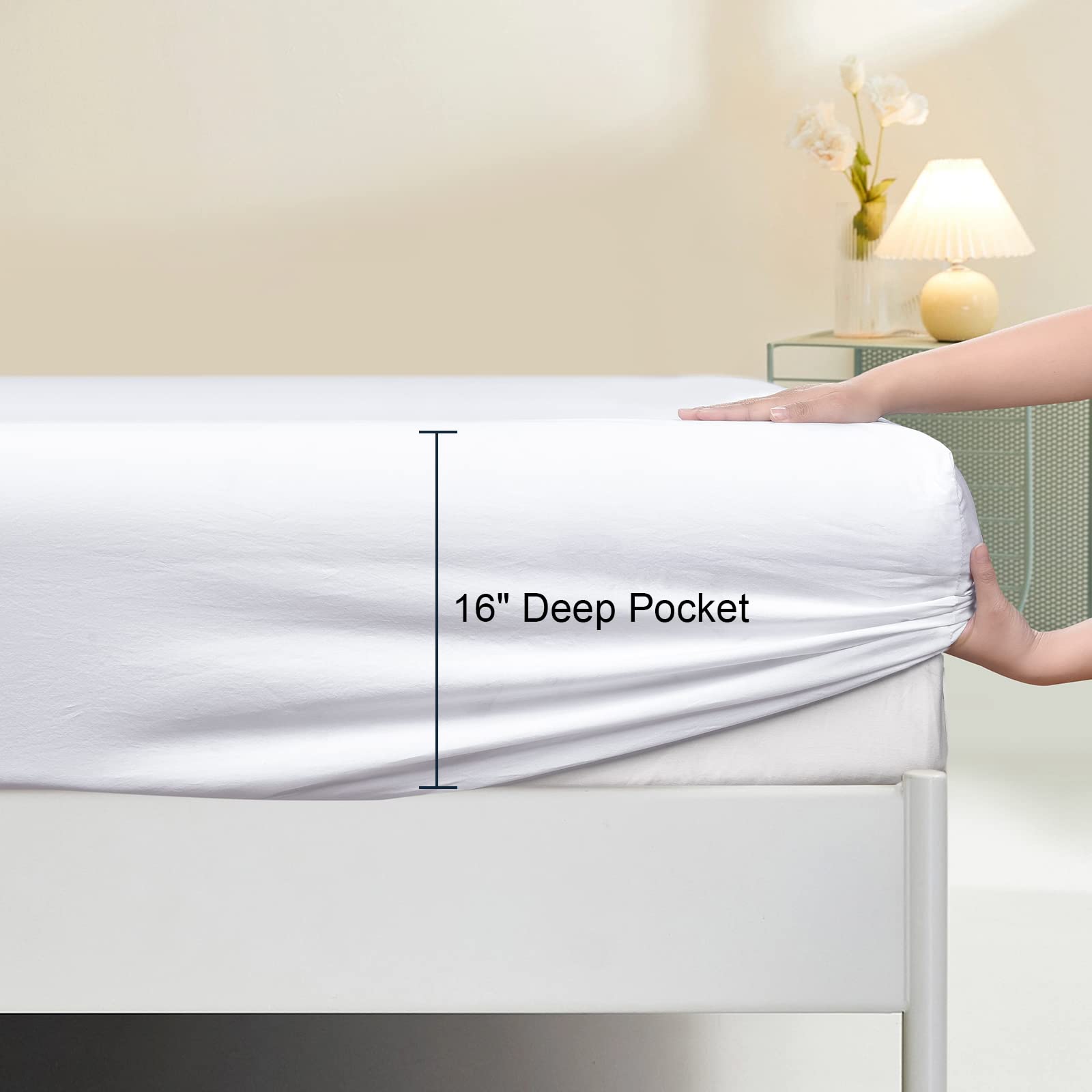 PHF 100% Garment Washed Cotton Fitted Sheet Full Size - Cozy Cloud Soft Linen Like Bottom Sheet Only with Elastic Deep Pockets, Easy Fit Breathable Warm not Shrink,54"x 75",White,No Pillowcase