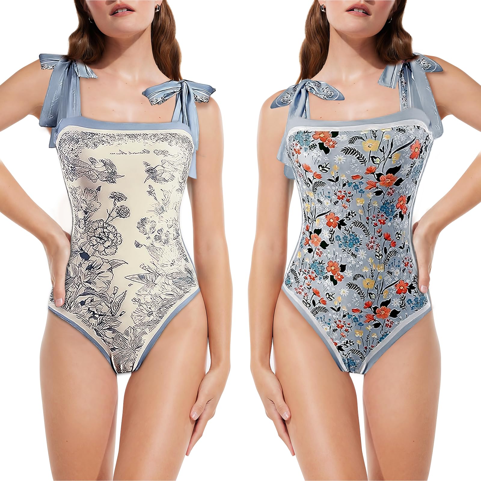 Women Floral One Piece Swimsuits, Reversible Tie Shoulder Monokini, Tummy Control Bathing Suits, Square Neck Swimwear (Medium) Blue