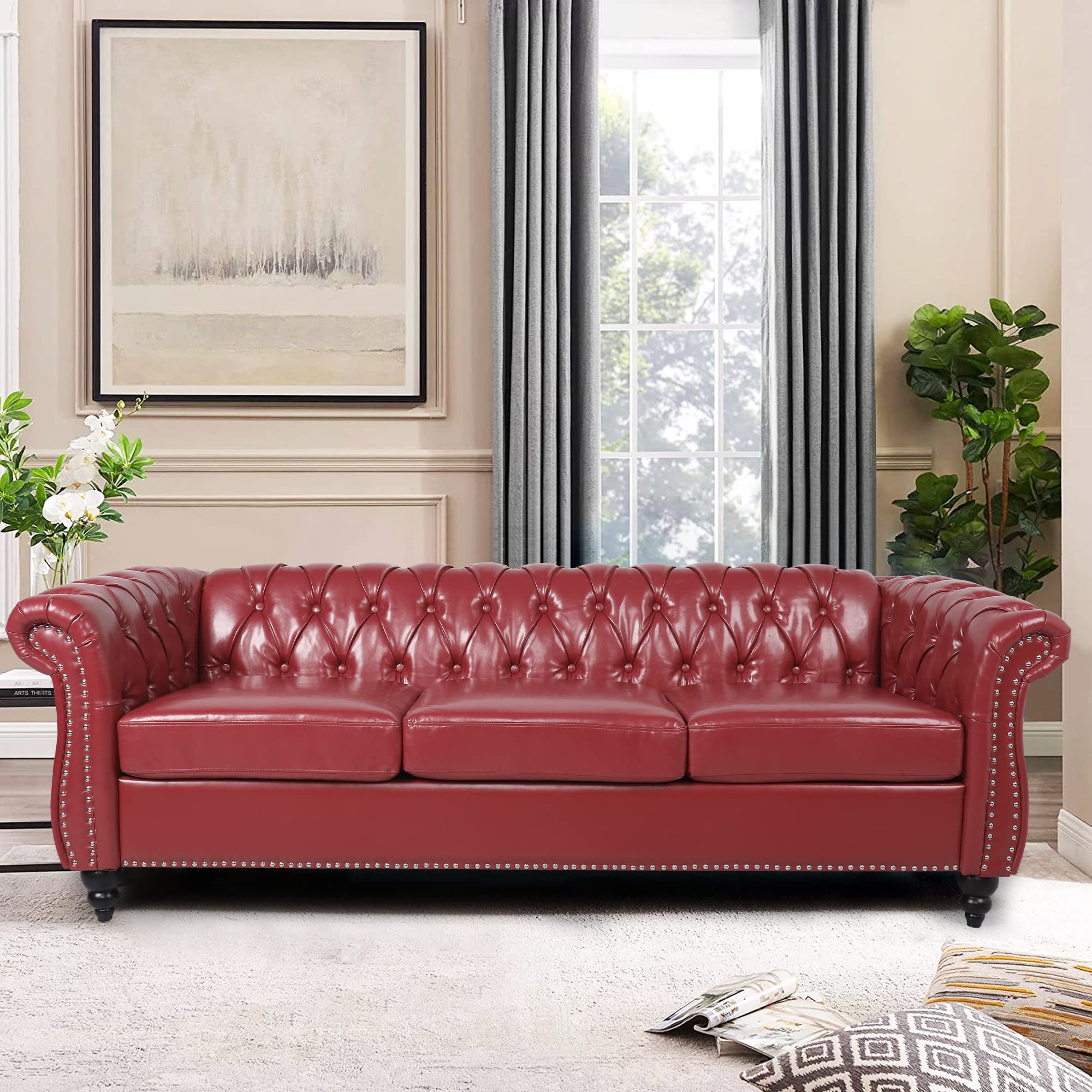 LEVNARY Chesterfield Sofa, Classic Tufted Upholstered Leather Couch, Modern 3 Seater Couch Furniture with Tufted Back for Living Room Office (Wine Red)