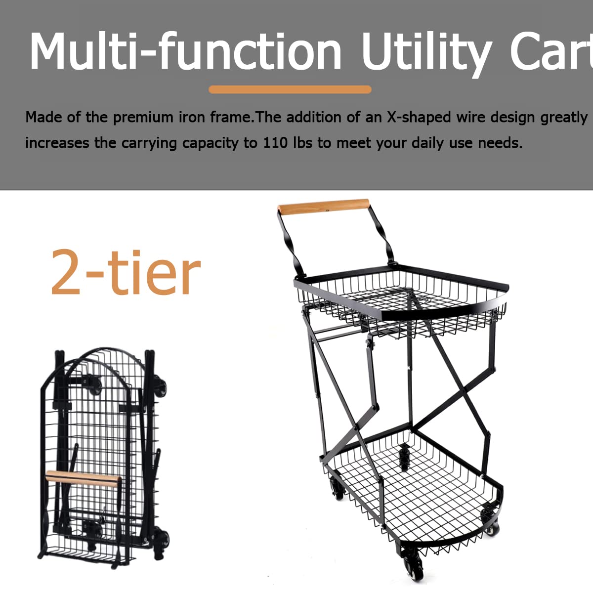 CYJZWOH Multi Use Functional Collapsible Carts, 2-Tier Metal Mobile Folding Trolley Shopping Cart, with Wooden Handle, Lockable Wheels for Office, Living Room, Kitchen, Picnic(Black)