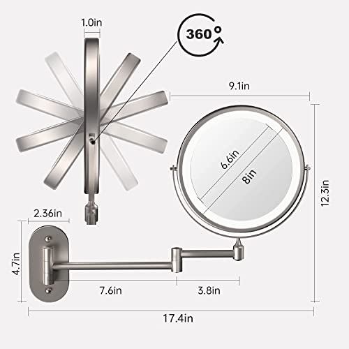 Rechargeable Wall Mounted Lighted Makeup Vanity Mirror 8 Inch Double Sided 1X 10X Magnifying Bathroom Mirror, 3 Color Lighting, Touch Screen Dimming, Extended Arm 360 Rotation Shaving Light up Mirror