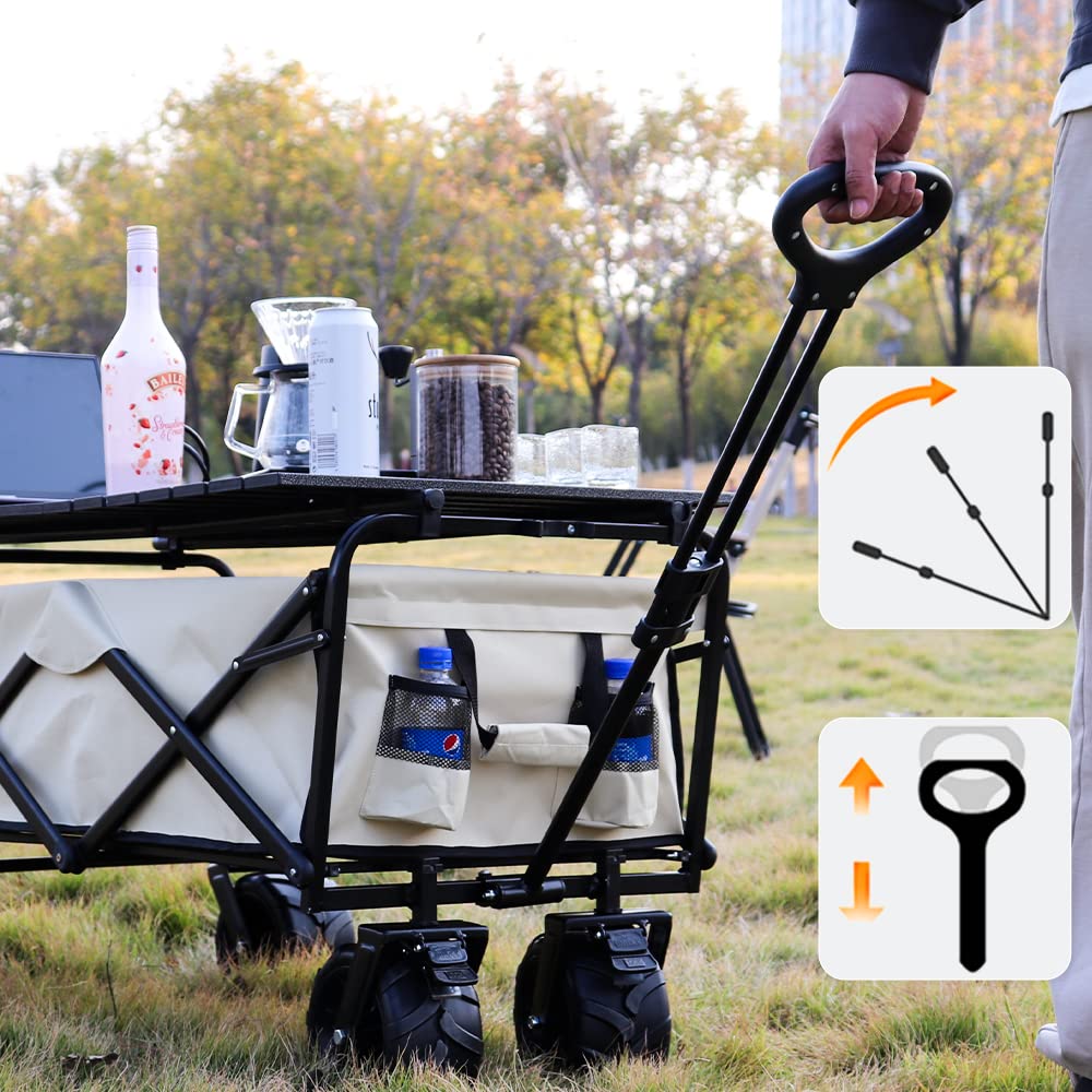 JHXG Wagons Carts Heavy Duty Foldable, Collapsible Wagon Utility Camping Park Wagon Cart, Folding Wagon Cart, Utility Wagon with Push Pull Handles, with Black Aluminum Table Plate (Beige)