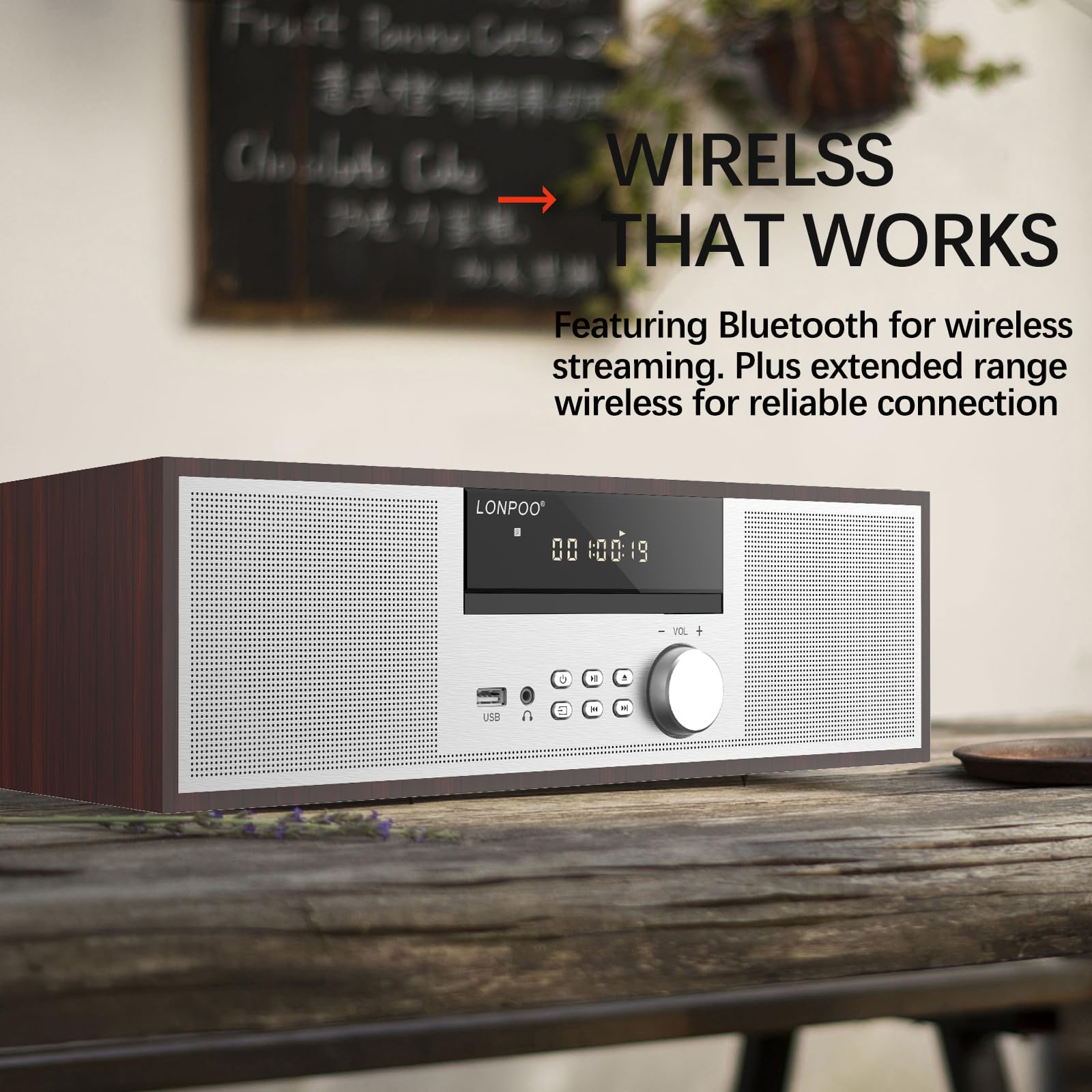 LONPOO Nostalgic Home Stereo System, Vintage Micro Component 40W RMS CD Player & Wireless Bluetooth Audio Streaming,FM Radio,USB Playback,Aux-in & Earphone Port