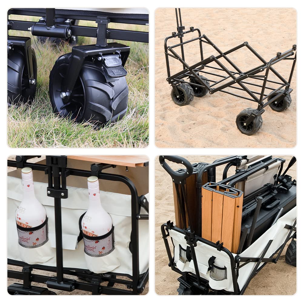JHXG Wagons Carts Heavy Duty Foldable, Collapsible Wagon Utility Camping Park Wagon Cart, Folding Wagon Cart, Utility Wagon with Push Pull Handles, with Black Aluminum Table Plate (Beige)
