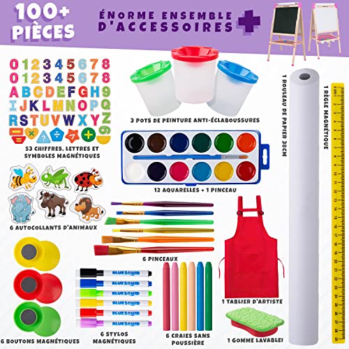 Blue Squid Art Easel for Kids - Dual-Sided Adjustable Wooden Painting Easels with Magnetic Chalk Board, Whiteboard, Paper Roll Including 100+ Accessories, Ideal for Toddlers & Children 3 to 12