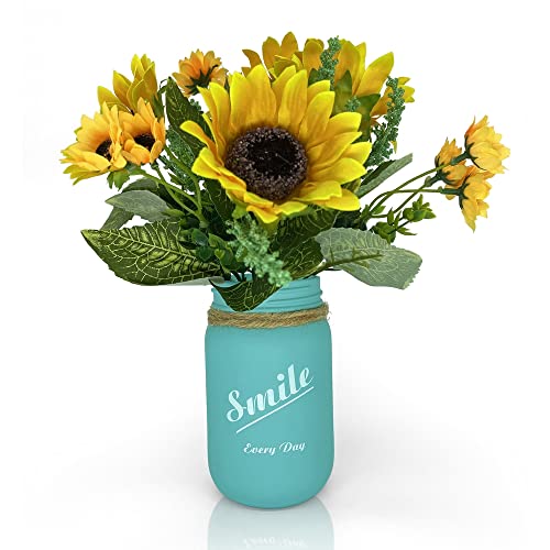 FADALO ART Mason Jar Decor Fake Flower Sunflowers Centerpieces for Dining Room Table Decorations for Living Room Rustic Farmhouse Decor Coffee Table Decor, Teal Blue#01
