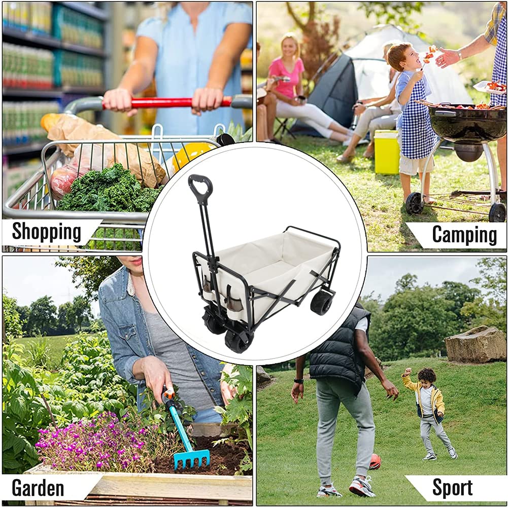 JHXG Wagons Carts Heavy Duty Foldable, Collapsible Wagon Utility Camping Park Wagon Cart, Folding Wagon Cart, Utility Wagon with Push Pull Handles, with Black Aluminum Table Plate (Beige)