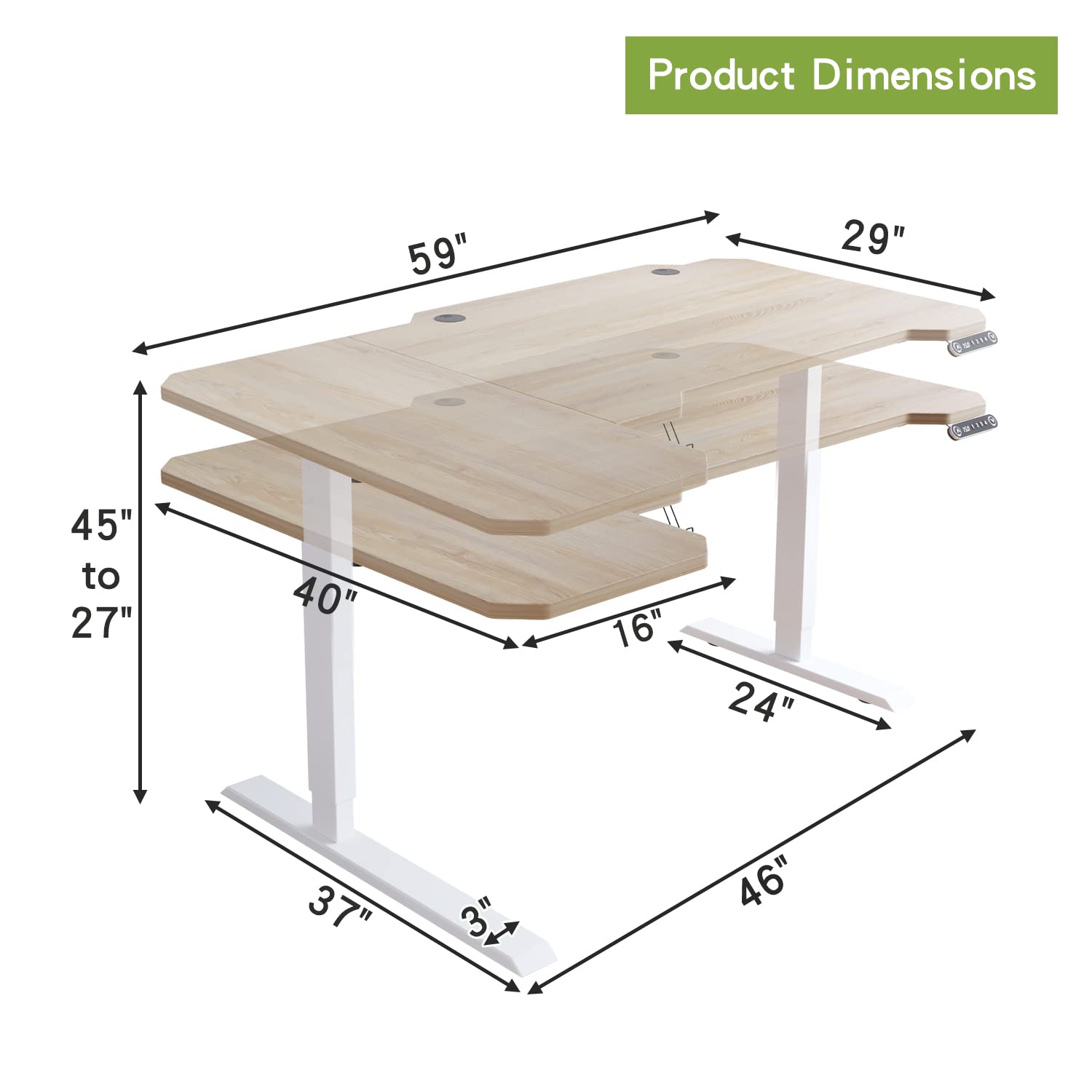Radlove 59-Inch Large Electric Height Adjustable Computer L-Shaped Desk with Memory Controller Corner Standing Desk Modern Workstation with Splice Board Ergonomic Desk (White Frame + Oak Top)