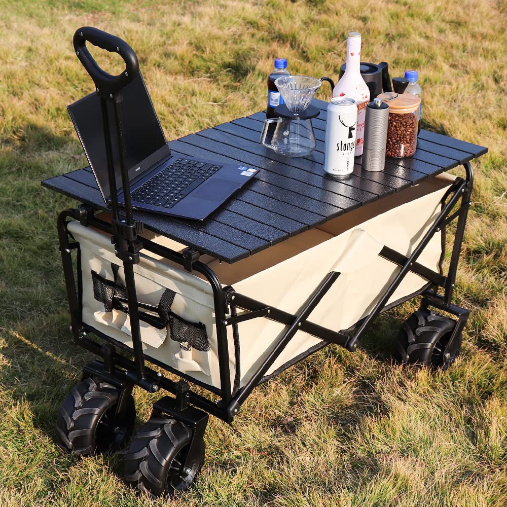 JHXG Wagons Carts Heavy Duty Foldable, Collapsible Wagon Utility Camping Park Wagon Cart, Folding Wagon Cart, Utility Wagon with Push Pull Handles, with Black Aluminum Table Plate (Beige)