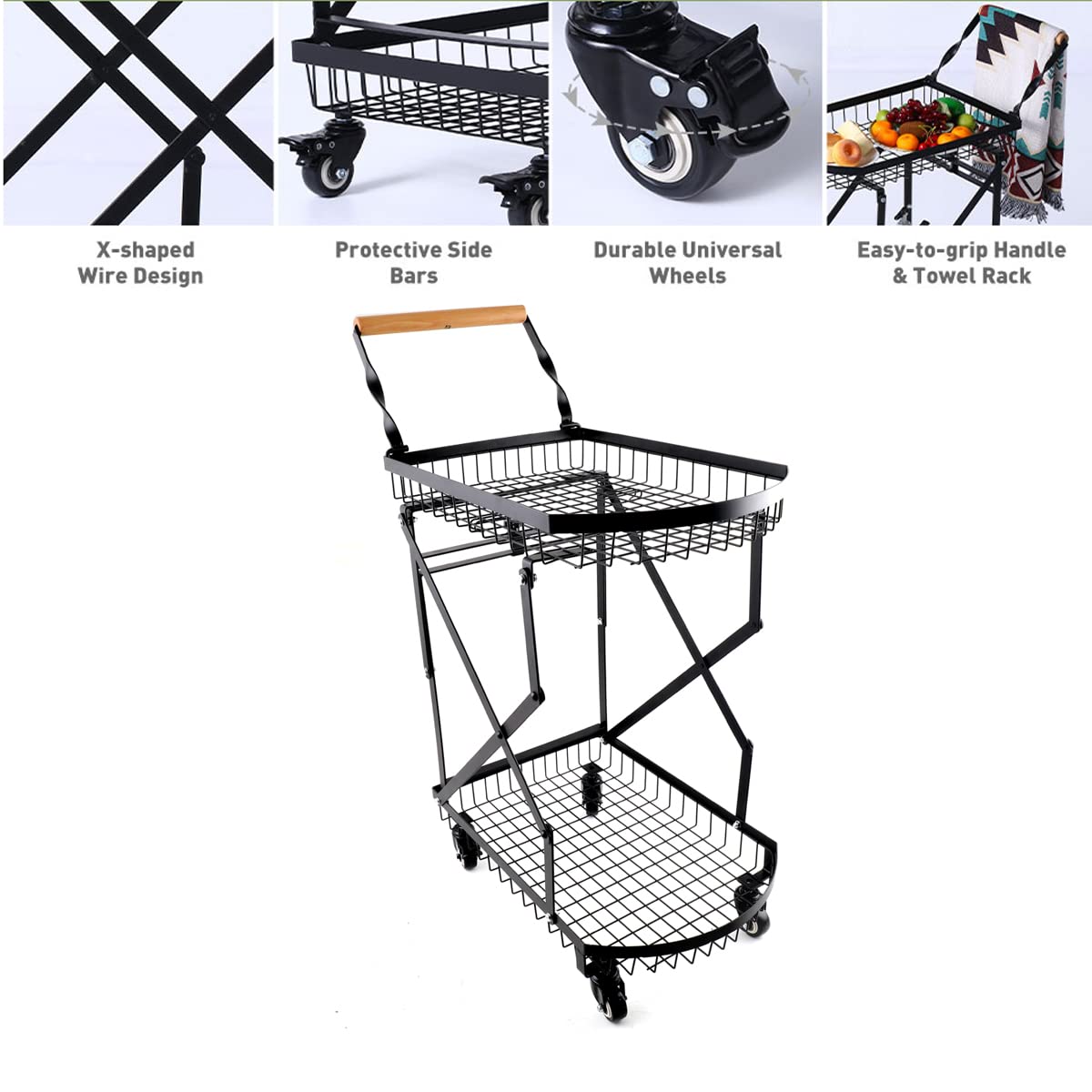 CYJZWOH Multi Use Functional Collapsible Carts, 2-Tier Metal Mobile Folding Trolley Shopping Cart, with Wooden Handle, Lockable Wheels for Office, Living Room, Kitchen, Picnic(Black)
