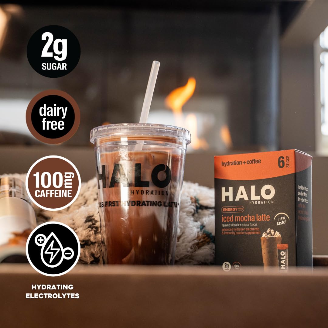 HALO Hydration – Electrolyte Energy Drink Mix | Hydration Powder Packets | Iced Mocha Latte Flavor, Healthy Skinny Coffee | Low Sugar | Easy Open Single Serving Stick | 6 Sticks