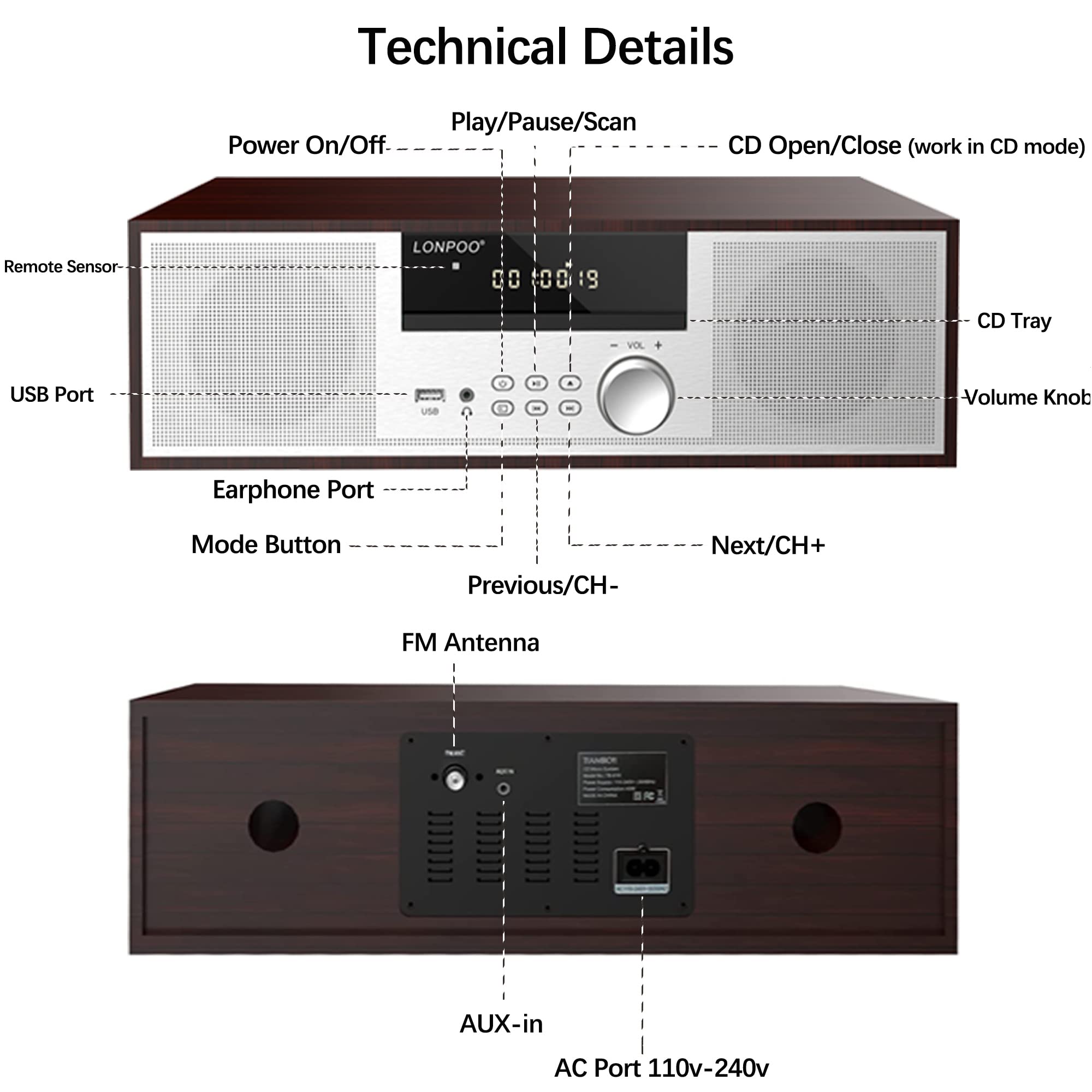 LONPOO Nostalgic Home Stereo System, Vintage Micro Component 40W RMS CD Player & Wireless Bluetooth Audio Streaming,FM Radio,USB Playback,Aux-in & Earphone Port