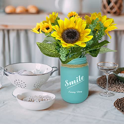 FADALO ART Mason Jar Decor Fake Flower Sunflowers Centerpieces for Dining Room Table Decorations for Living Room Rustic Farmhouse Decor Coffee Table Decor, Teal Blue#01