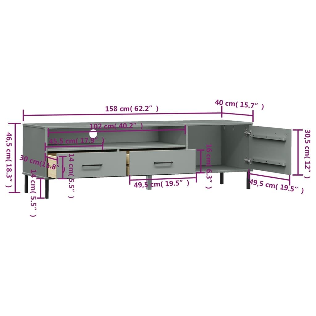 vidaXL TV Stand, TV Unit for Living Room, Sideboard with Metal Legs, Media Unit Cupboard, TV Table, Industrial, Gray Solid Wood Pine Oslo