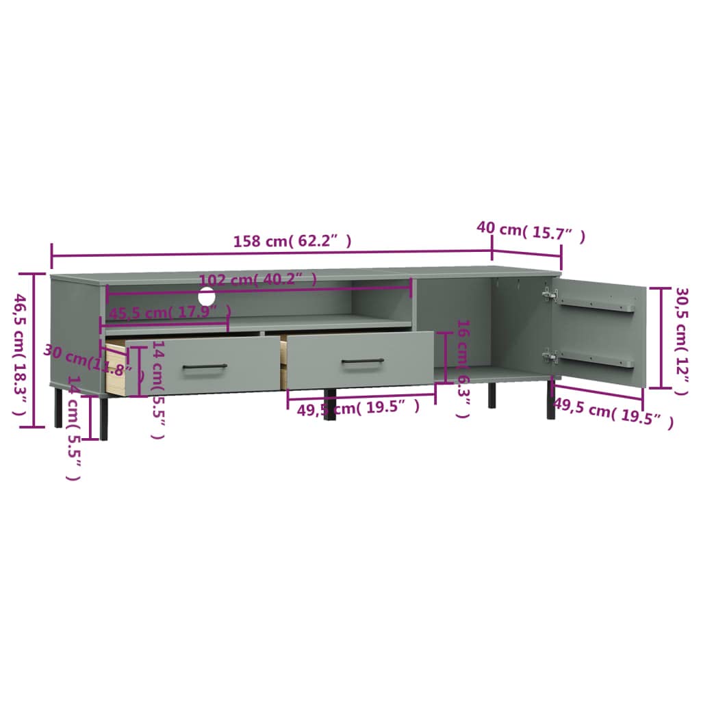 vidaXL TV Stand, TV Unit for Living Room, Sideboard with Metal Legs, Media Unit Cupboard, TV Table, Industrial, Gray Solid Wood Pine Oslo
