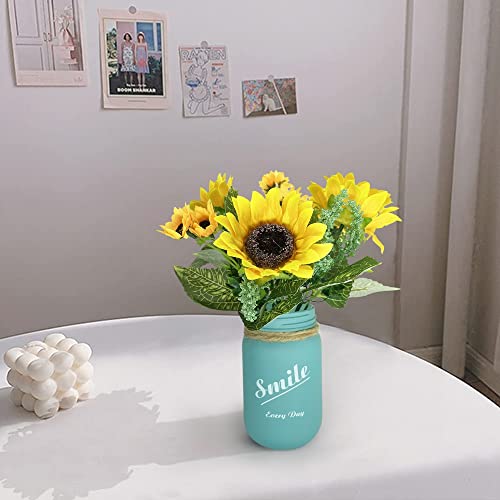 FADALO ART Mason Jar Decor Fake Flower Sunflowers Centerpieces for Dining Room Table Decorations for Living Room Rustic Farmhouse Decor Coffee Table Decor, Teal Blue#01