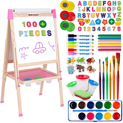 Blue Squid Art Easel for Kids - Dual-Sided Adjustable Wooden Painting Easels with Magnetic Chalk Board, Whiteboard, Paper Roll Including 100+ Accessories, Ideal for Toddlers & Children 3 to 12