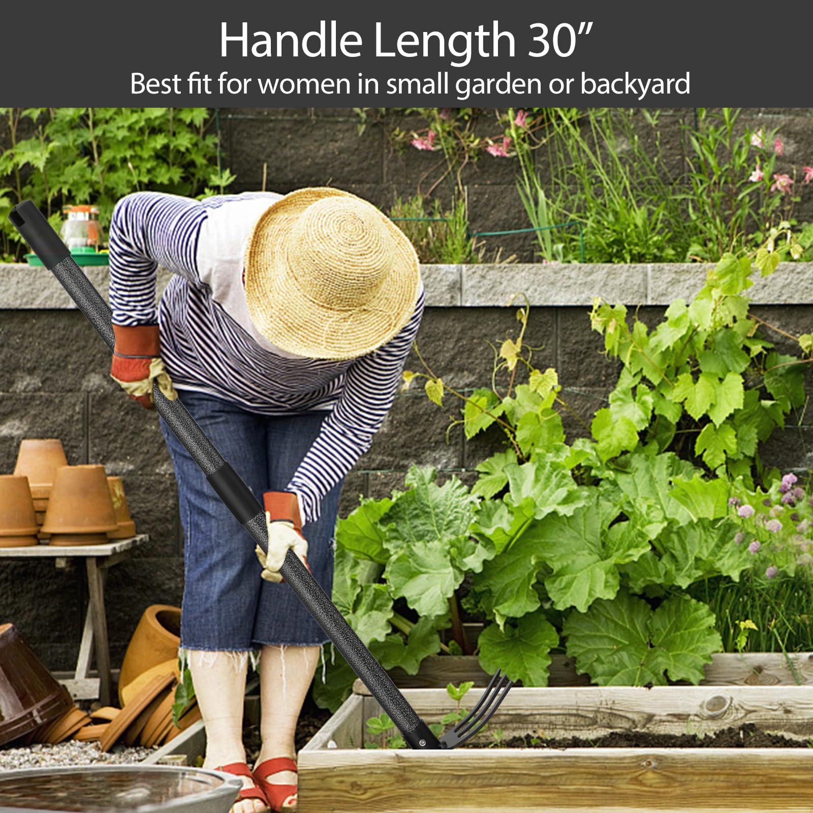 Hoe and Cultivator Gardening Hand Tools, Heavy Duty Stainless Steel Garden Hoe and 3 Fork Hand Tiller for Gardening Weeding Planting with Adjustable Handle 30 inch