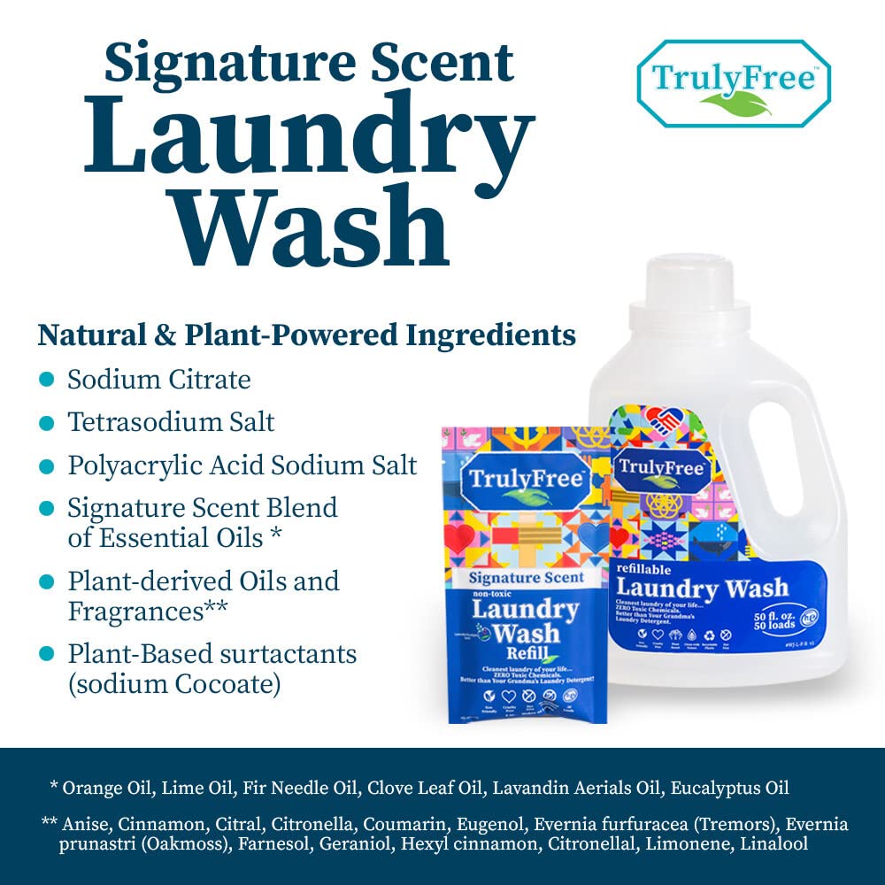Truly Free Laundry Detergent for Sensitive Skin | Gentle & Safe for Baby Clothes | Plant-Based | Easy to Dissolve to Create a Liquid| Include 1 Refillable Bottle| Signature Scent (50 Loads)