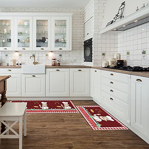Red Plaid Kitchen Mats and Rugs, Anti-Slip Kitchen Floor Mats, Water Absorbent Comfort Memory Foam Standing Mats for Office, Sink, Laundry, Kitchen Chef and Cooking Utensils Art Prints