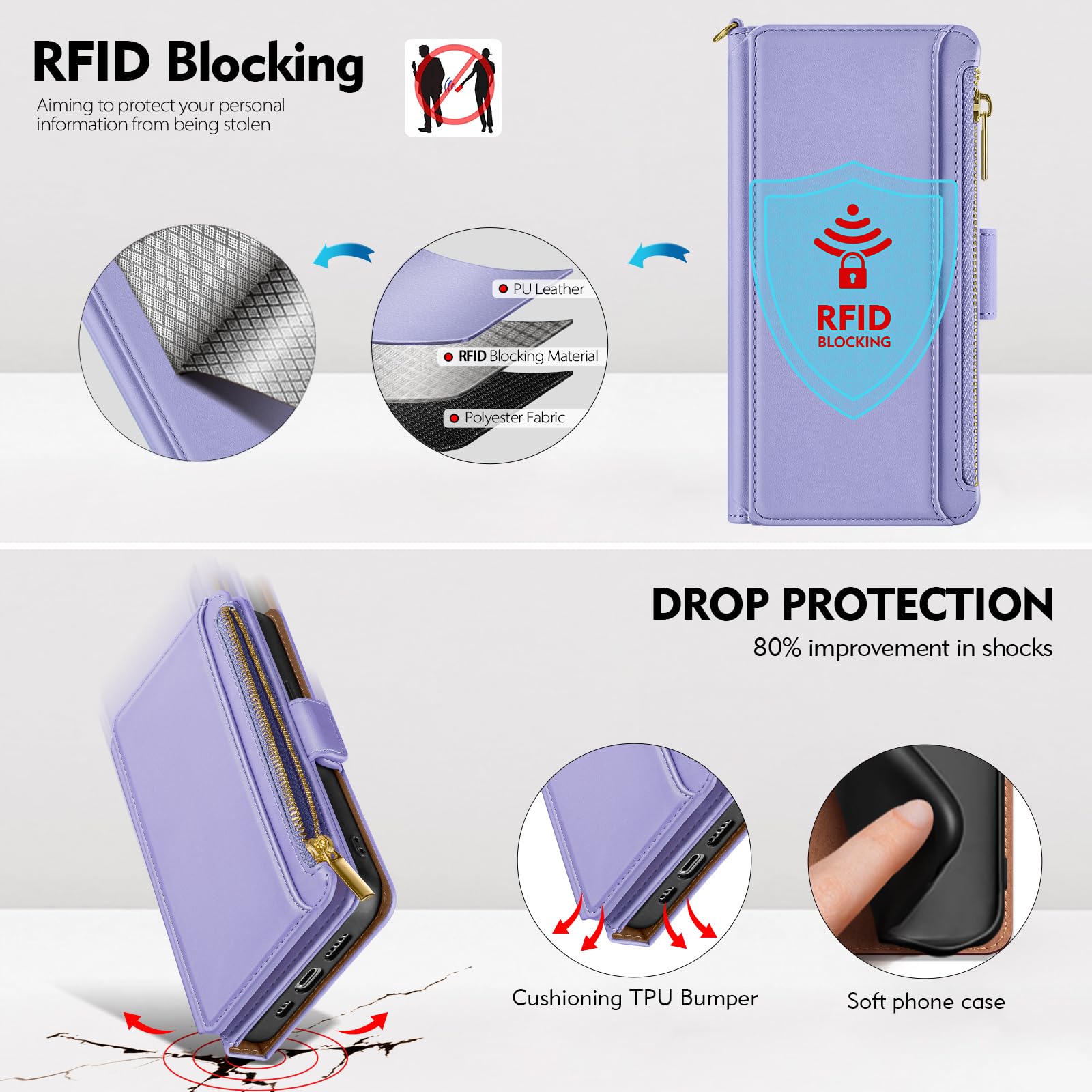 Antsturdy Compatible with Samsung Galaxy S23+/S23 Plus case Wallet with Card Holder for Women Men Phone case RFID Blocking PU Leather Flip Cover with Strap Zipper Credit Card Slots,Light Purple