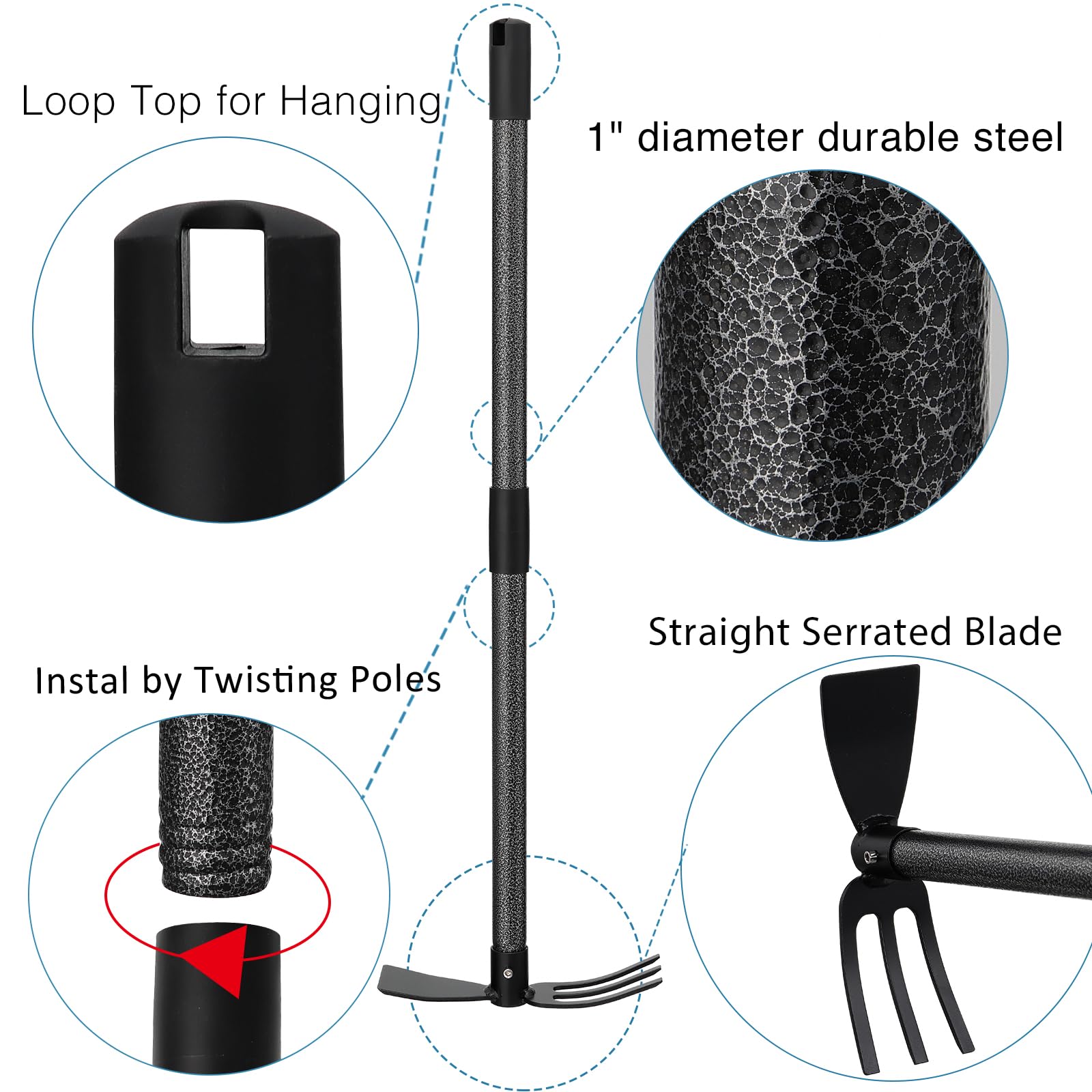 Hoe and Cultivator Gardening Hand Tools, Heavy Duty Stainless Steel Garden Hoe and 3 Fork Hand Tiller for Gardening Weeding Planting with Adjustable Handle 30 inch