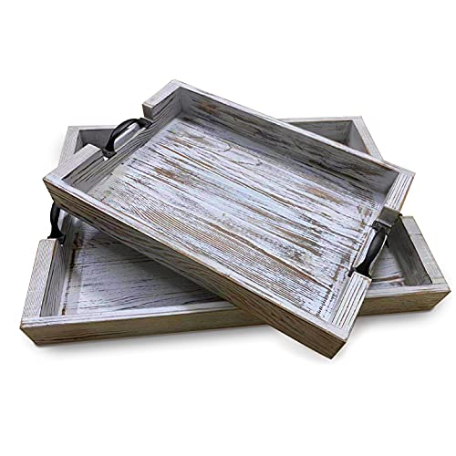Rustic Serving Tray with Extra Long Handle, Decoration Tray, Bed Tray(set of 2)Large 20 x 14 x 2'' -Small 16 x 11 x 2'' Dinner Romantic Breakfast on Bed for your Partner, Home decor, Coffee Table Tray