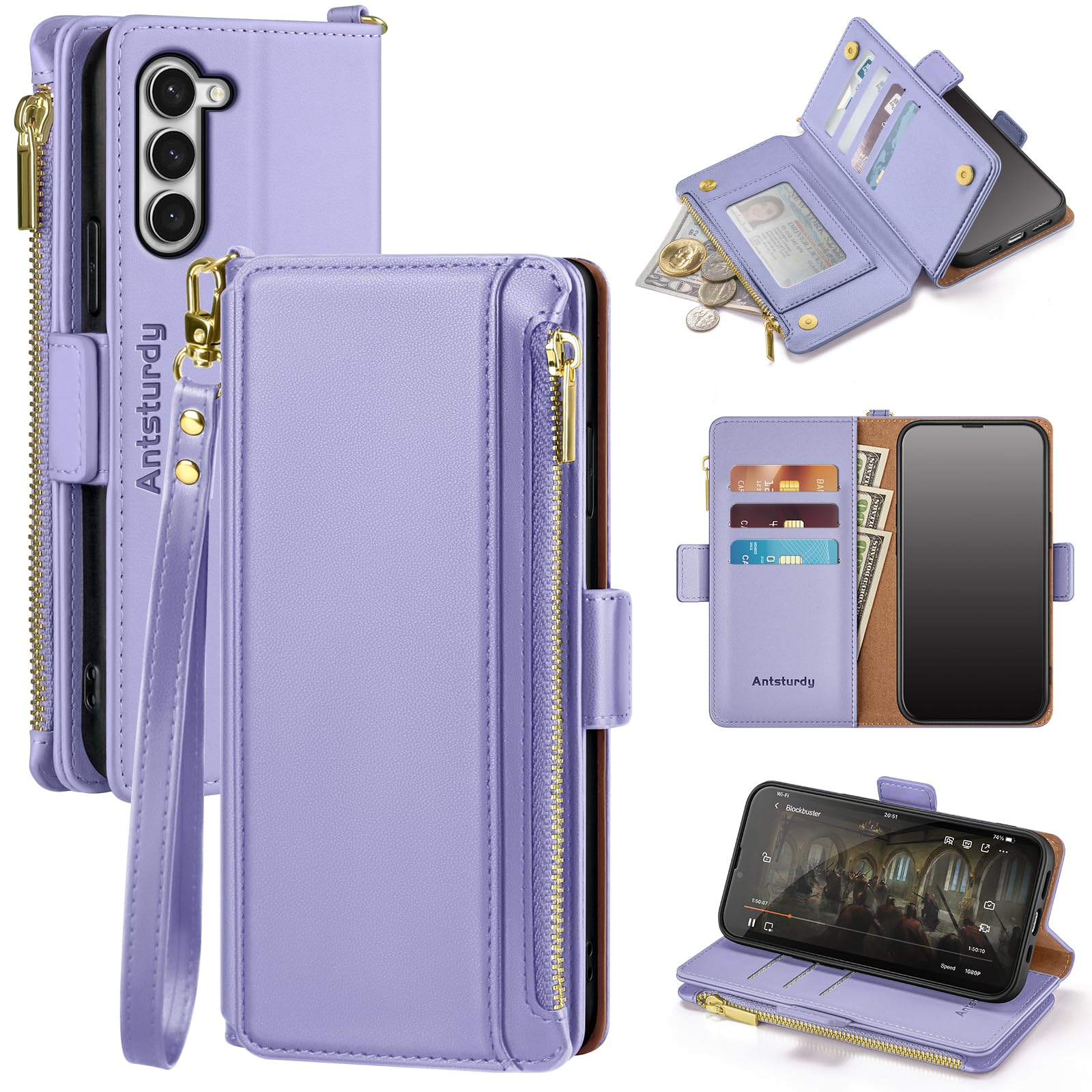 Antsturdy Compatible with Samsung Galaxy S23+/S23 Plus case Wallet with Card Holder for Women Men Phone case RFID Blocking PU Leather Flip Cover with Strap Zipper Credit Card Slots,Light Purple
