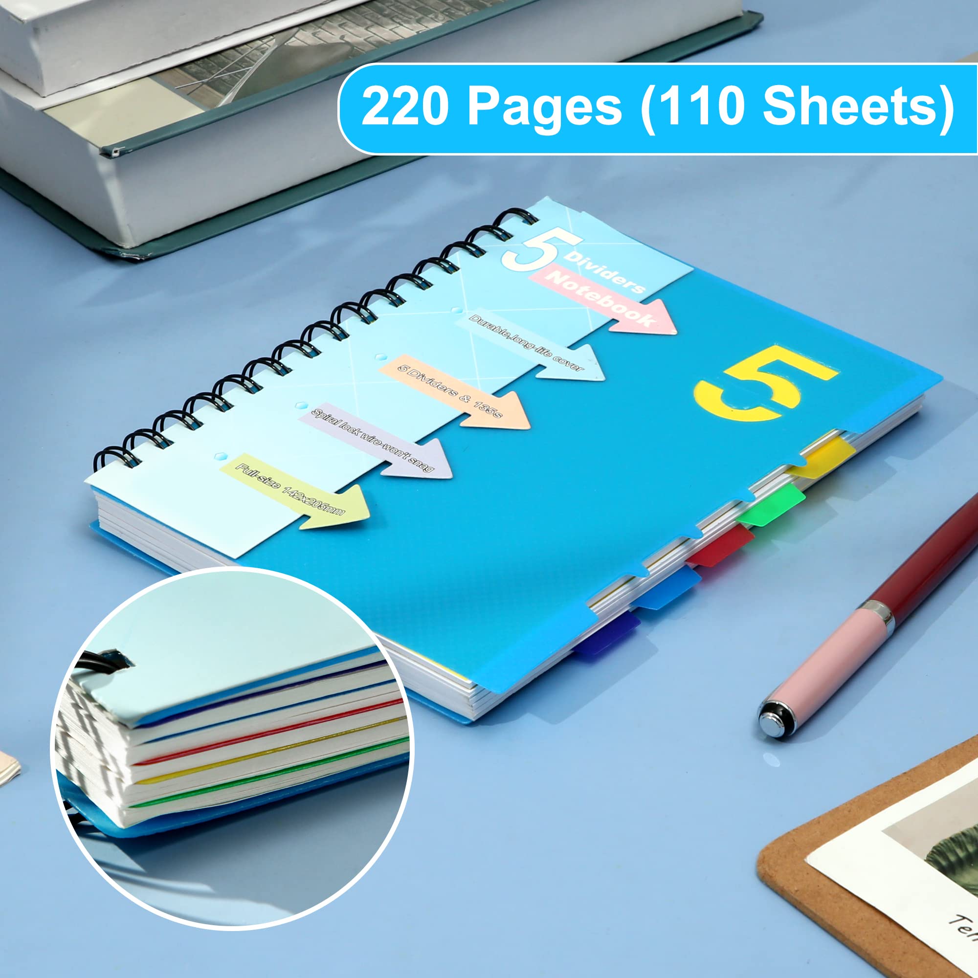 CAGIE 2 Pack Spiral Notebooks with Dividers 5 Subject Notebook with Tabs 5x7 Wide Ruled Hardcover A5 Spiral Bound Journal for Note Taking Work School Supplies, 220 Pages, Blue