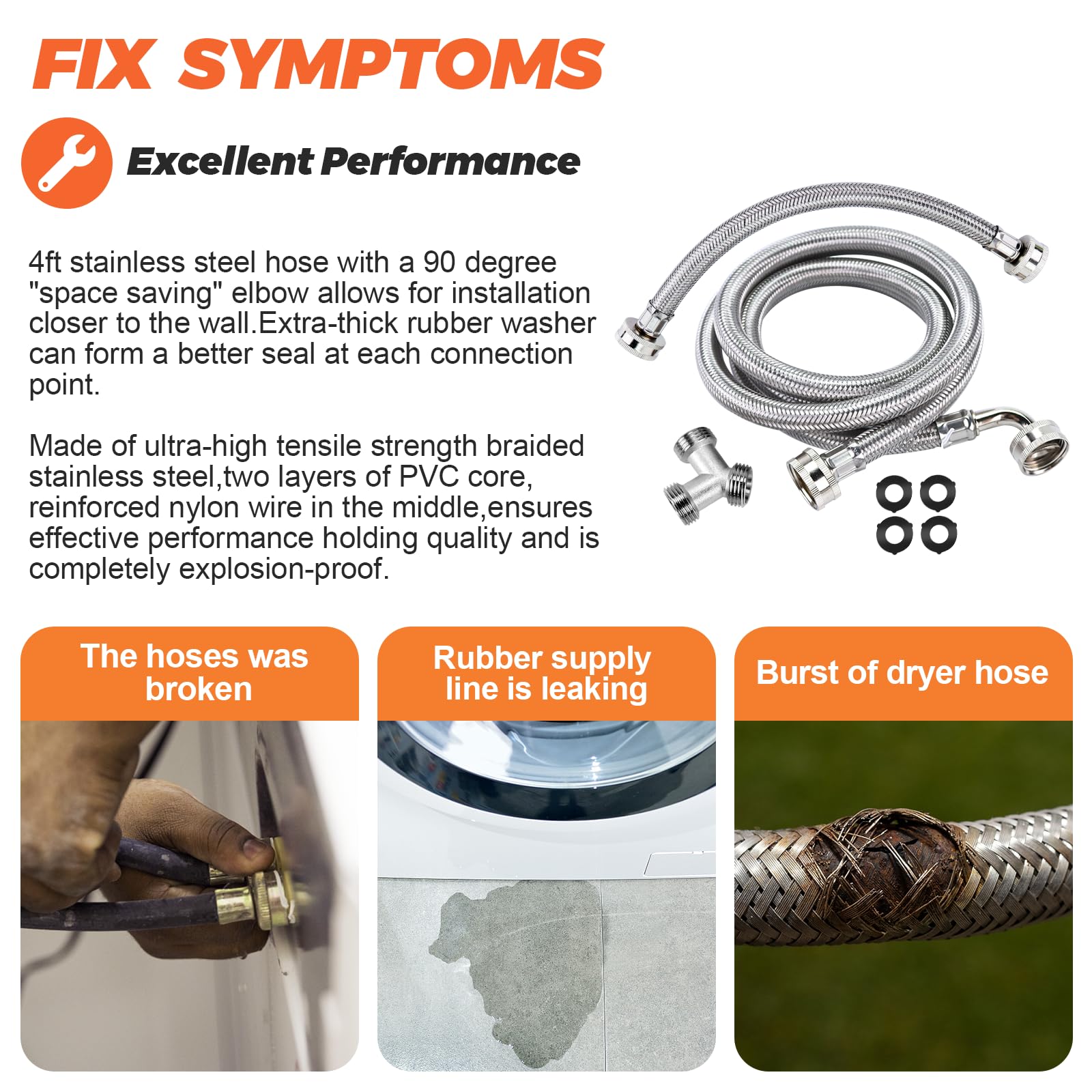 4FT Premium Steam Dryer Hose Installation Kit by Beaquicy - Include 4 Foot Stainless Steel Hoses,1 Foot Inlet Adapter Hose and Brass Y Connector
