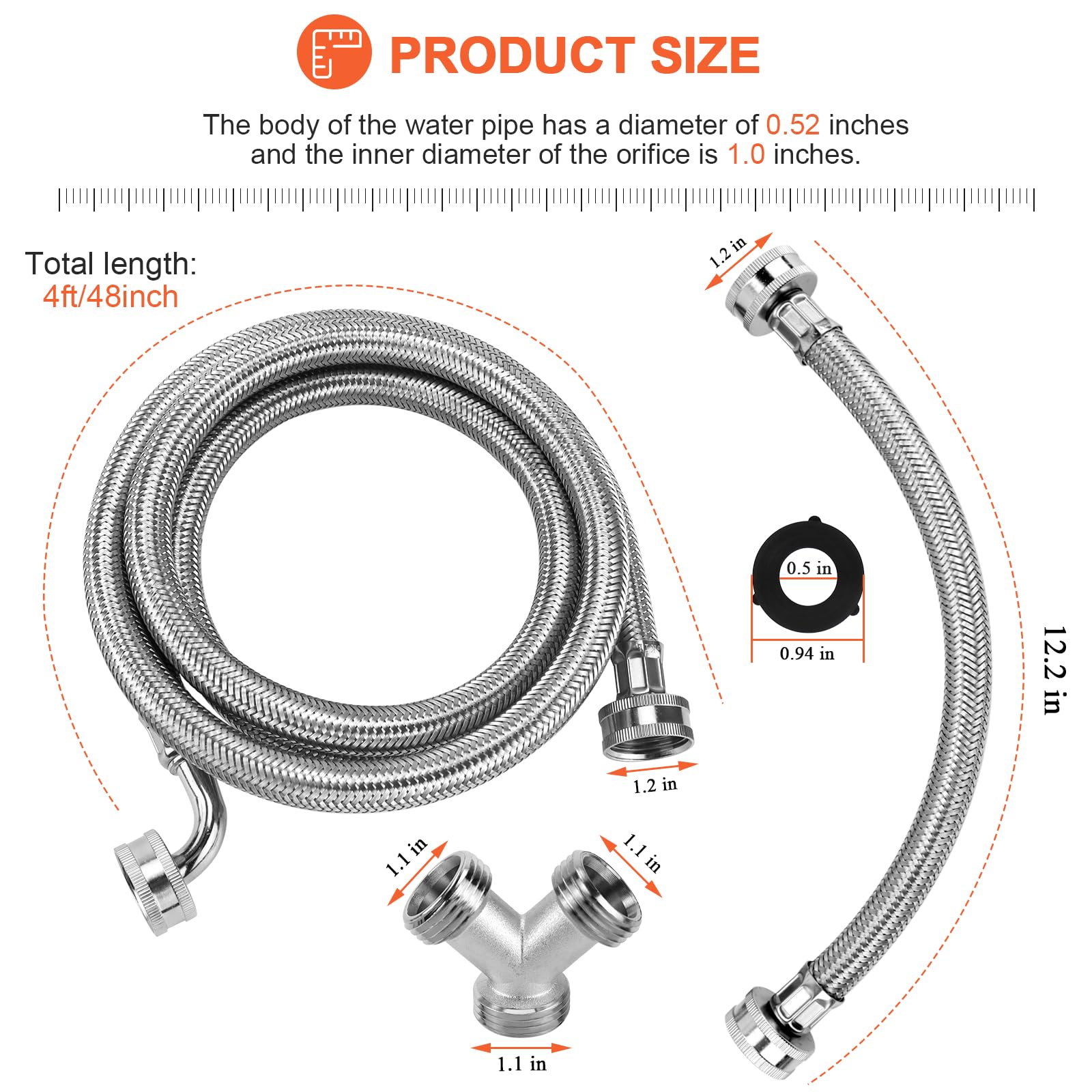 4FT Premium Steam Dryer Hose Installation Kit by Beaquicy - Include 4 Foot Stainless Steel Hoses,1 Foot Inlet Adapter Hose and Brass Y Connector