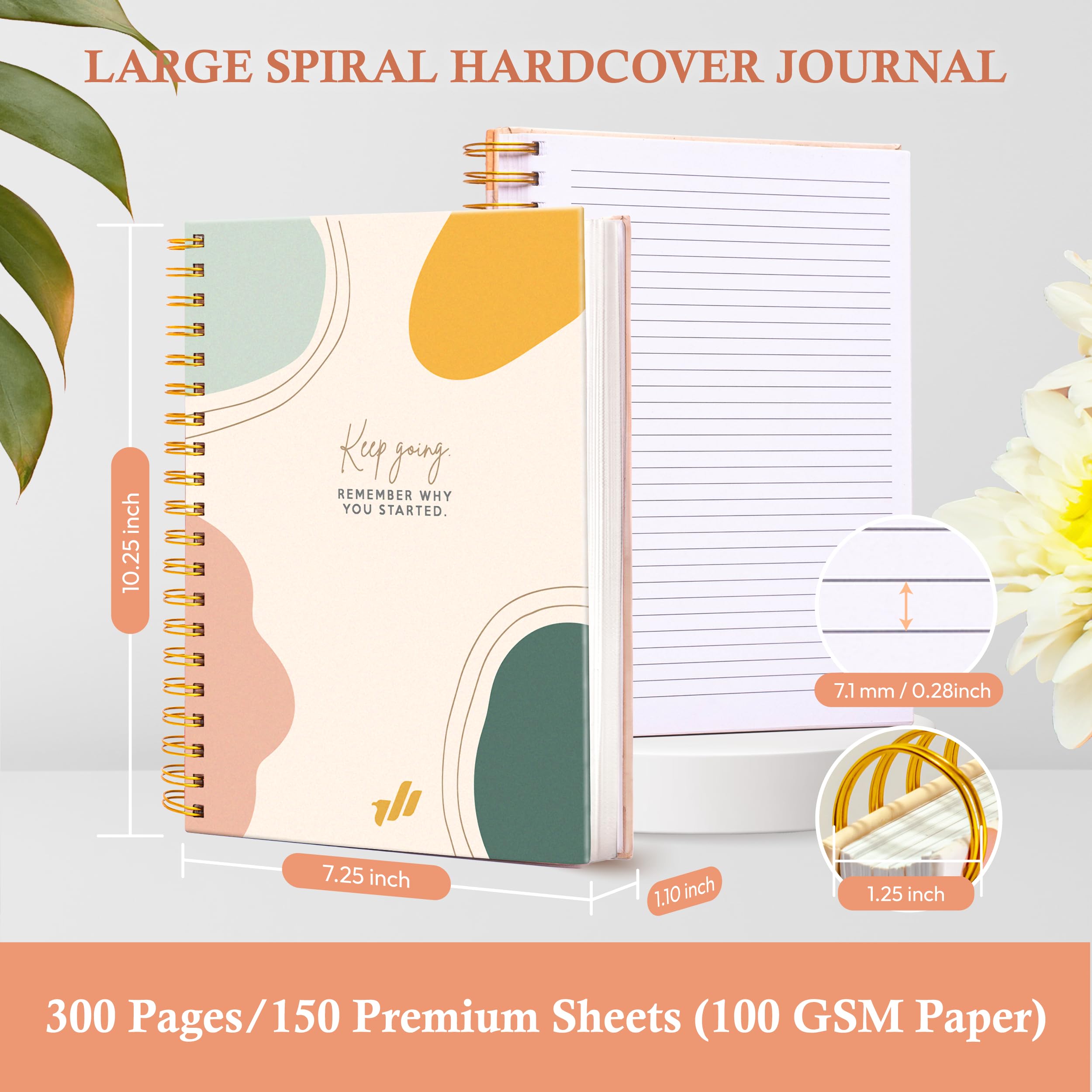 Only Zest Hardcover Spiral Journal, 10.25" x 7.25", 300 Pages Large College Ruled Notebook for Women, Ideal for Writing, Journaling, Note-Taking, Work, School
