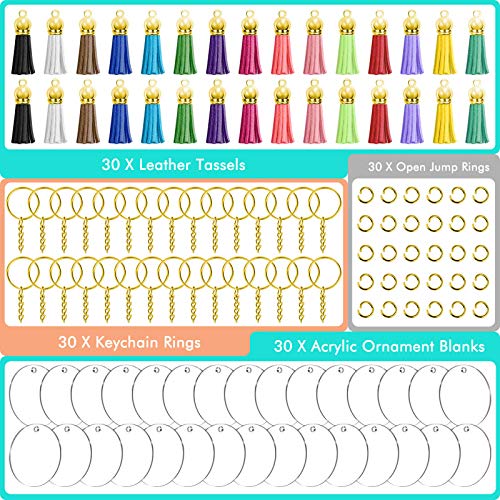 Acrylic Keychain Blanks, Audab 120pcs Blank Keychains for Vinyl Kit Including 30pcs Acrylic Discs, 30pcs keychain Tassels, 30pcs Gold Key chain Rings and 30pcs Jump Rings for DIY Keychain, Vinyl Craft