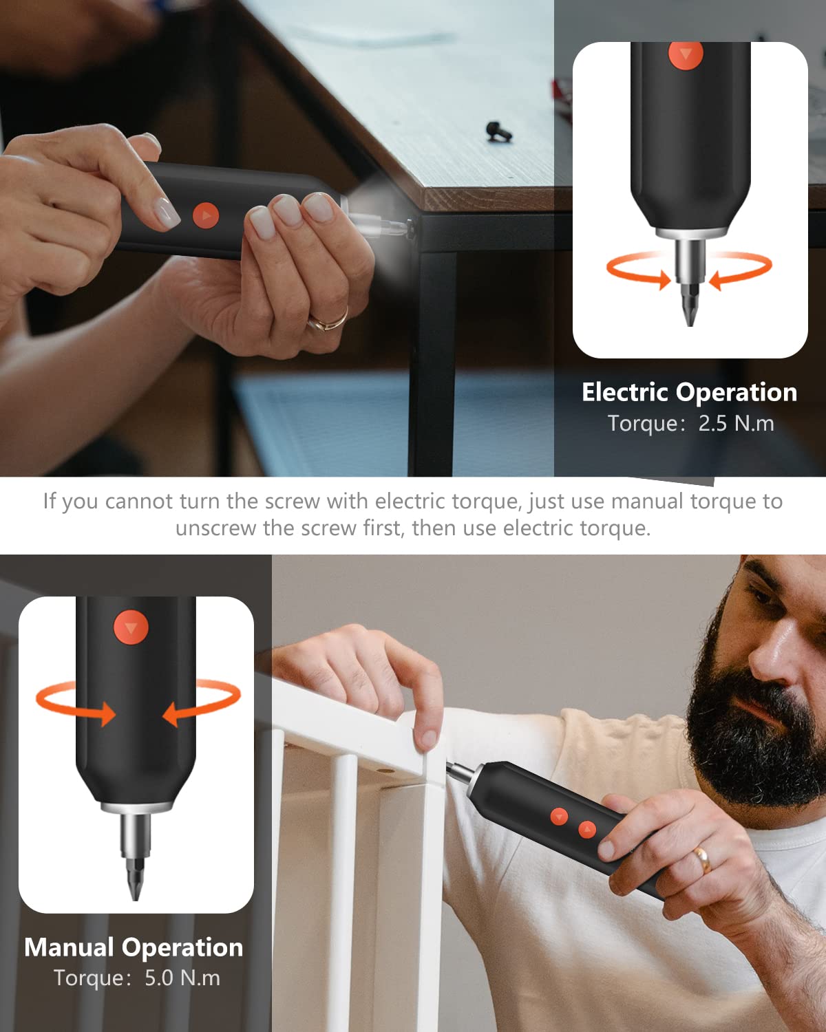 Electric Screwdriver, Cordless Power Screwdriver Set with 2000mAh Rechargeable Battery, 3.7V, 4 LEDs, USB-C Cable, 20pcs Bits, Automatic & Manual, High Torque 2.5Nm