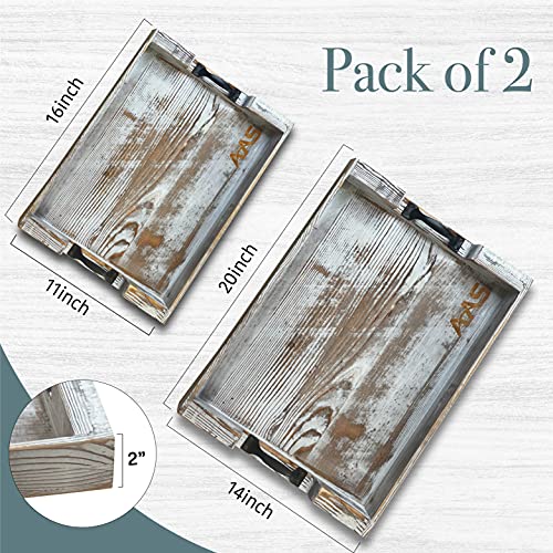 Rustic Serving Tray with Extra Long Handle, Decoration Tray, Bed Tray(set of 2)Large 20 x 14 x 2'' -Small 16 x 11 x 2'' Dinner Romantic Breakfast on Bed for your Partner, Home decor, Coffee Table Tray