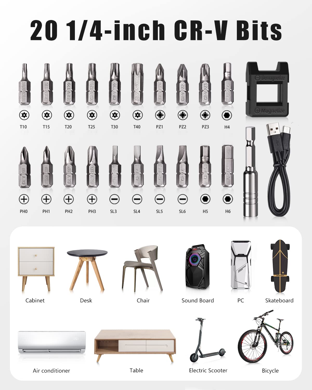 Electric Screwdriver, Cordless Power Screwdriver Set with 2000mAh Rechargeable Battery, 3.7V, 4 LEDs, USB-C Cable, 20pcs Bits, Automatic & Manual, High Torque 2.5Nm