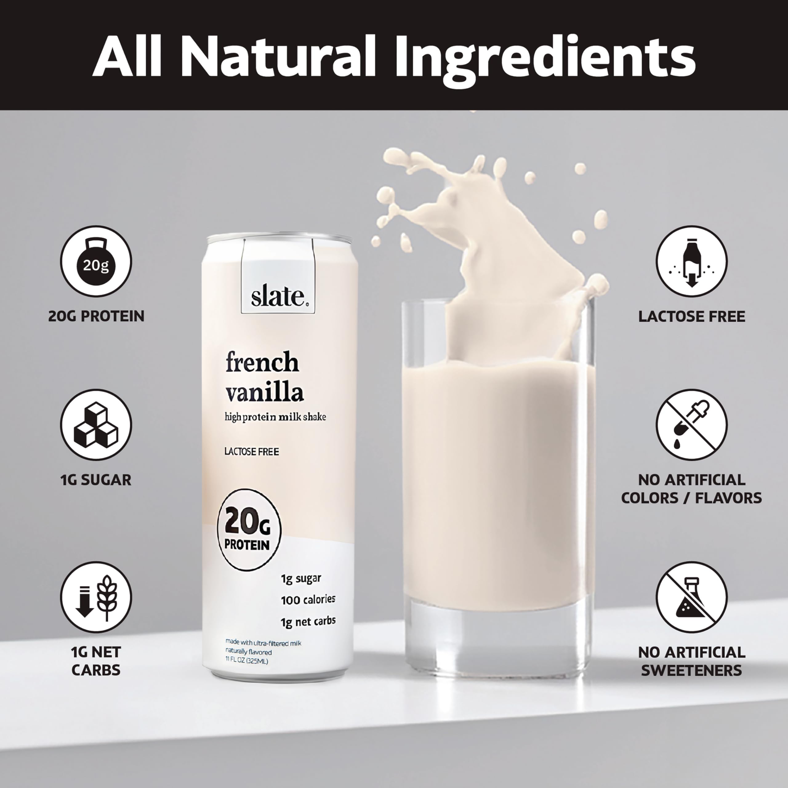 Slate Milk - High Protein Milk Shake - French Vanilla - Lactose Free, 20g Protein, 1g Sugar, 100 Calories, 1g Net Carbs, No Added Sugar - Natural, Breakfast Boost, Post Workout - 11 fl oz, 12 Cans