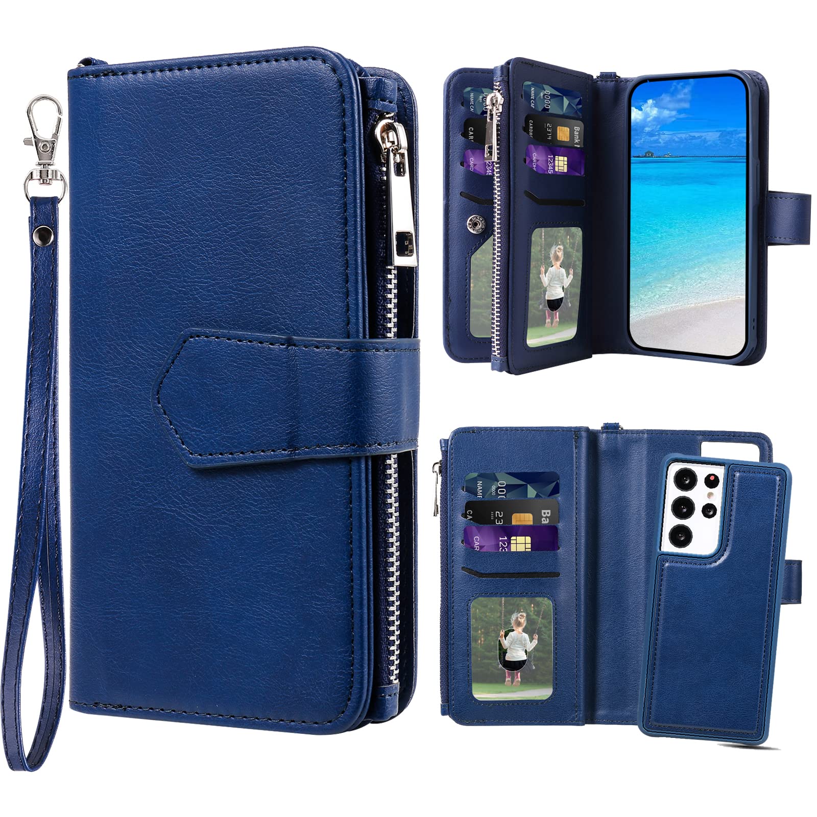 JZASES Case for Galaxy S21 Ultra, 2 in 1 Magnetic Detachable Wallet Case, PU Leather Phone Case Cover with Card Holder for Samsung Galaxy S21 Ultra, Blue