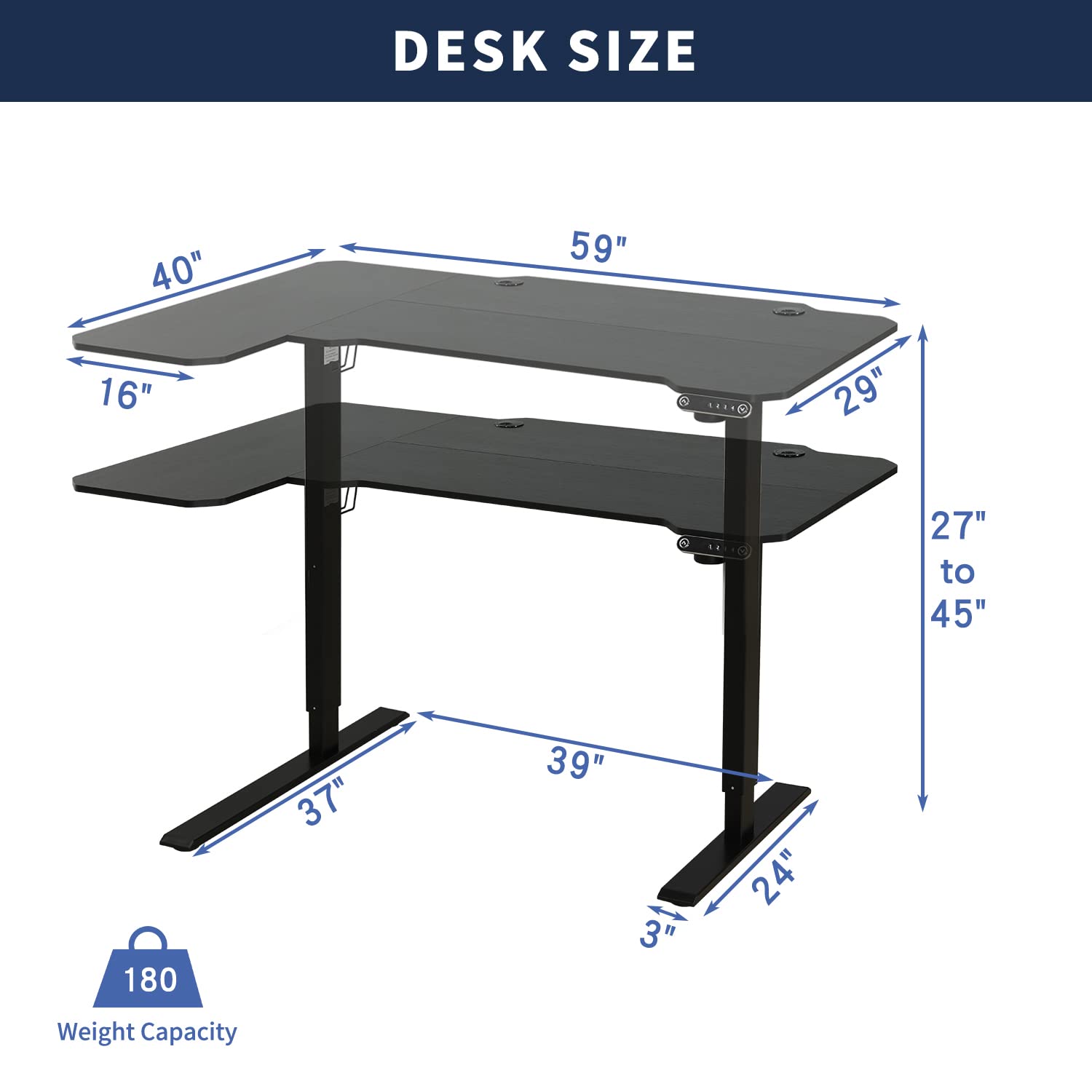 59'' L Shaped Height Adjustable Standing Desk, Electric Stand up Computer Table for Home Office Desk with Black Frame & Top