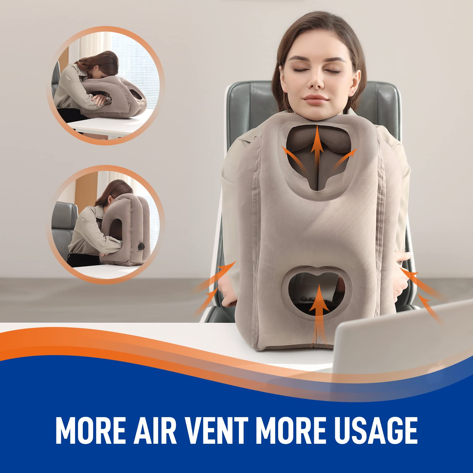 KINSCO Inflatable Travel Pillow,Airplane Neck Pillow for Airplane, Train, car Backseat, Office Lunch Break, Provides You a Comfortable Sleeping Environment. Portable Drawstring Bag (Gray)