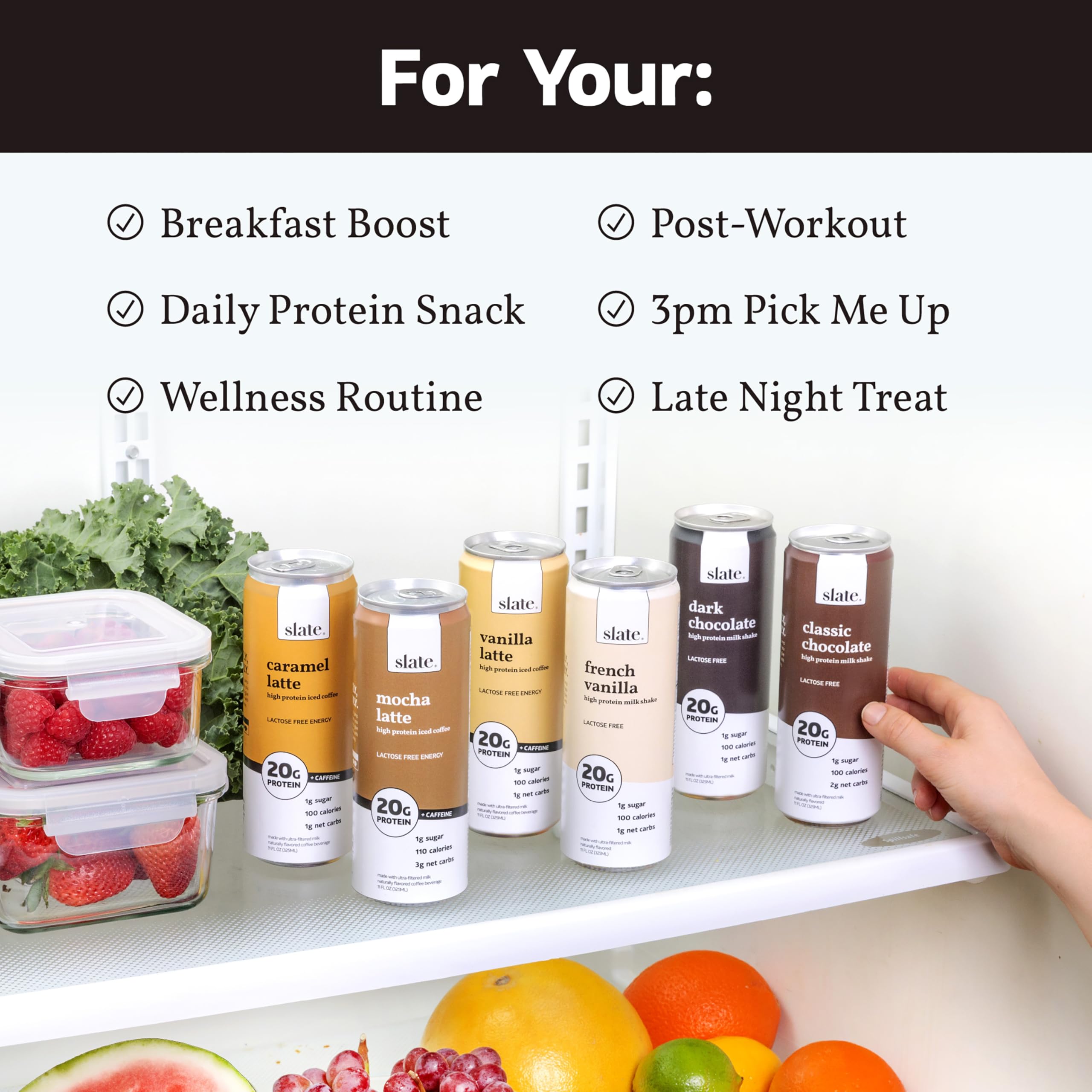 Slate Milk - High Protein Milk Shake - French Vanilla - Lactose Free, 20g Protein, 1g Sugar, 100 Calories, 1g Net Carbs, No Added Sugar - Natural, Breakfast Boost, Post Workout - 11 fl oz, 12 Cans
